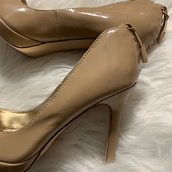 JustFab | Shoes | Just Fab Faux Patent Leather Mini Platform Taupe ...